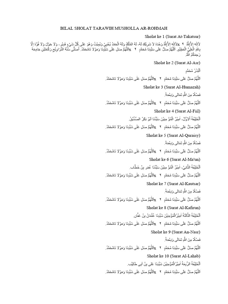 Bilal Sholat Tarawih Musholla Ar-Rohmah | PDF