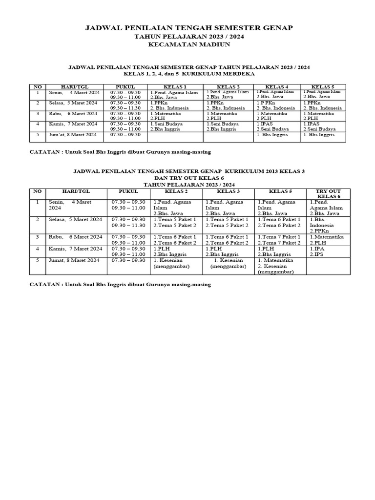 Jadwal PTS Ii Madiun 2024 | PDF
