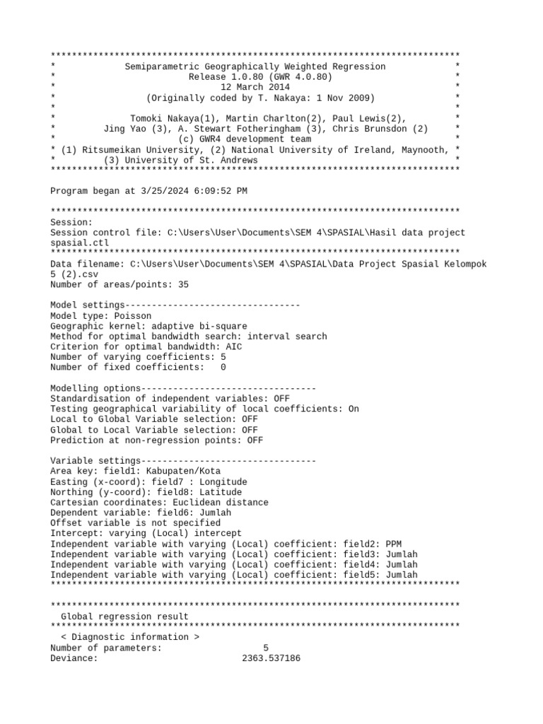 GWR 4.0.80: Poisson Model Analysis | PDF | Akaike Information Criterion | Bandwidth (Signal ...
