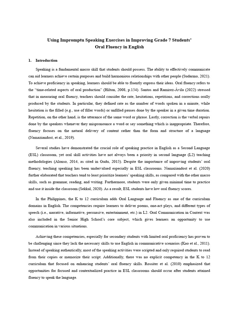Using Impromptu Speaking Exercises in Improving Grade 7 Students' in ...