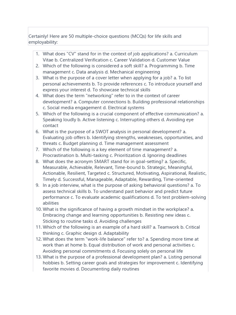 Life Skills & Employability MCQs Guide | PDF | Goal Setting | Mindset