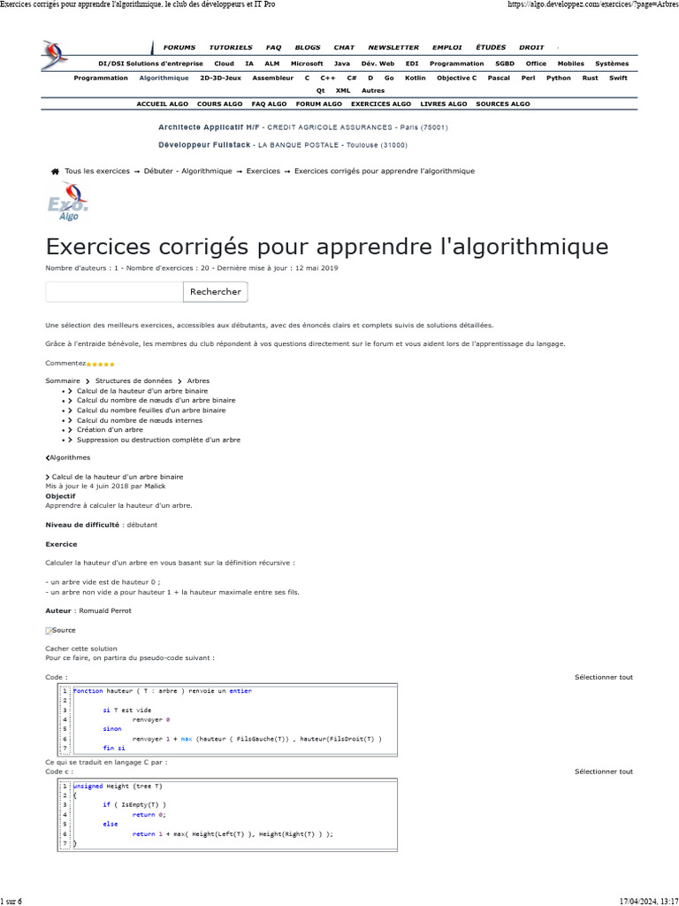 Exercices Corrigés Pour Apprendre L'algorithmique: Rechercher | PDF | Pointeur (programmation ...