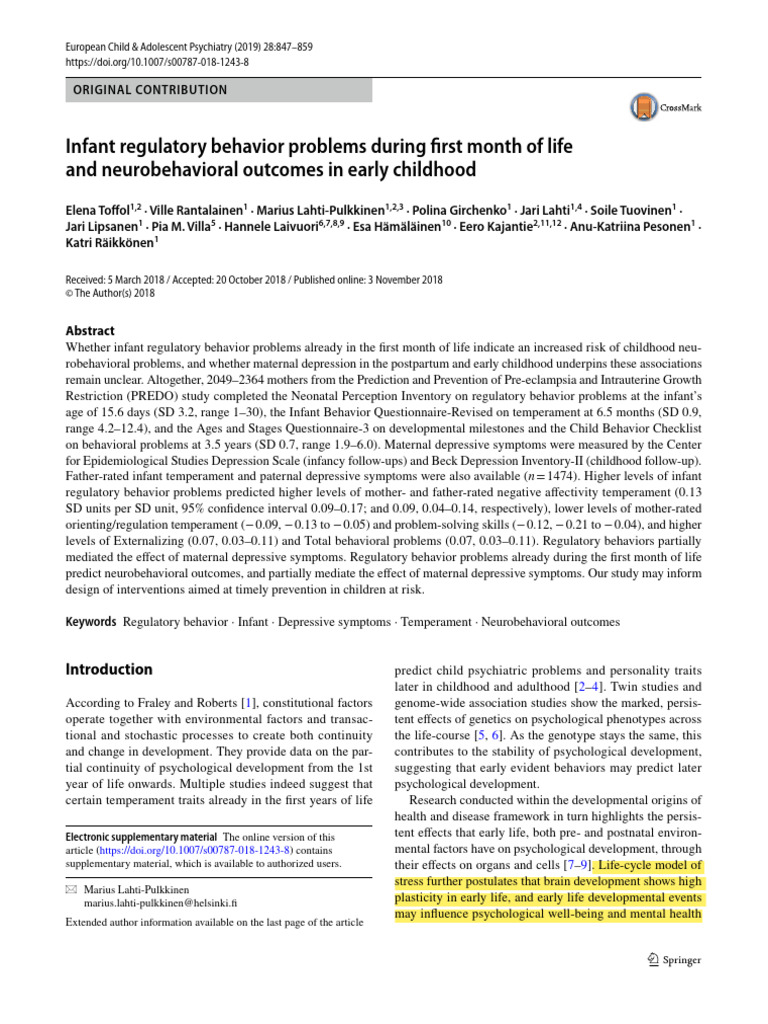 Infant Regulatory Behavior Problems During First Month of Life and Neurobehavioral Outcomes in ...