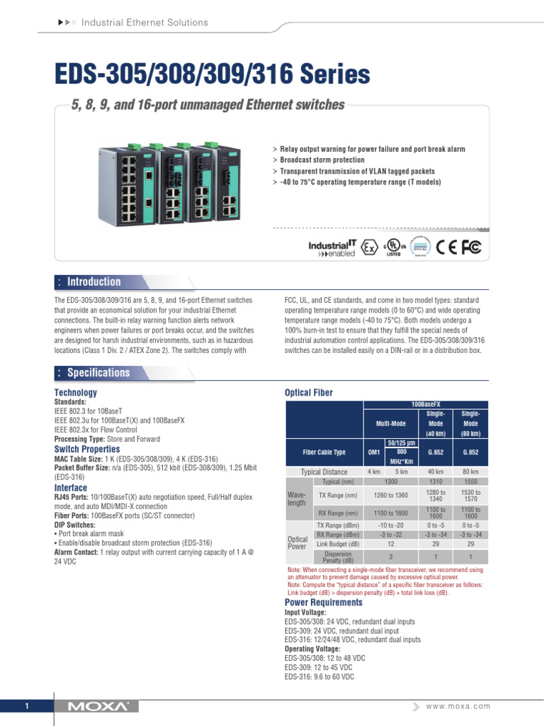 EDS-305 308 309 316 Series | PDF | Network Switch | Optical Fiber