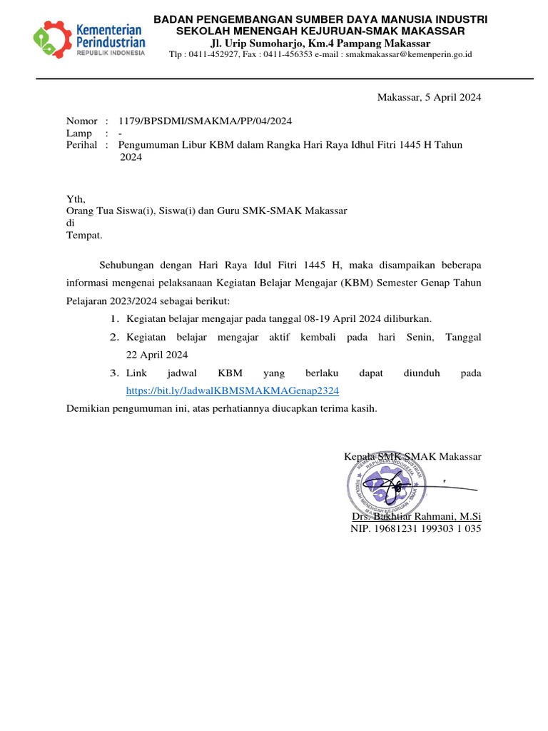 Pengumuman Libur KBM Hari Raya 2024 | PDF