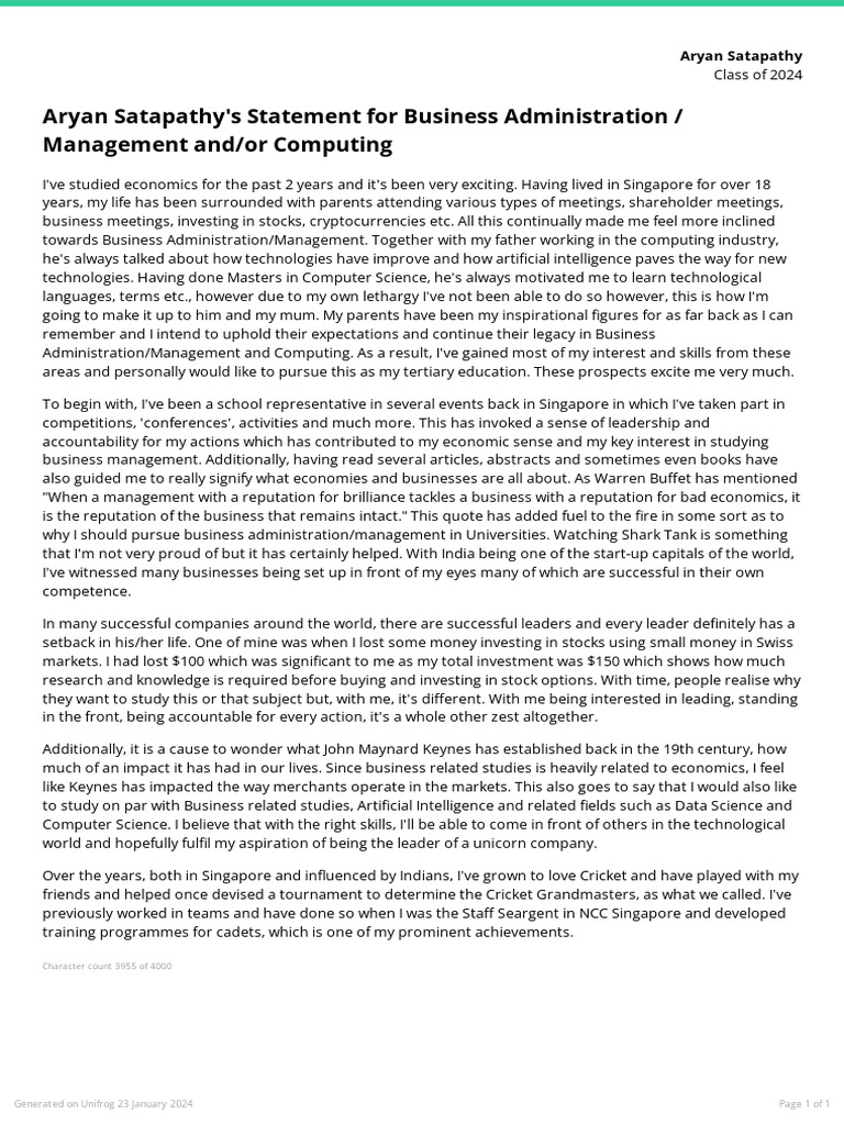 Unifrog Personal Statement Aryan Grade 12 | PDF | Business | Economies