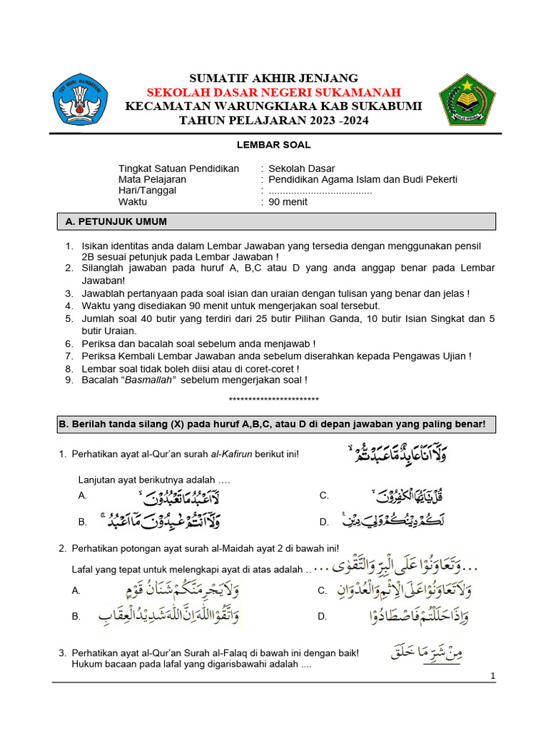 Soal Saj Pabp SD 2024 | PDF | Agama & Spiritualitas