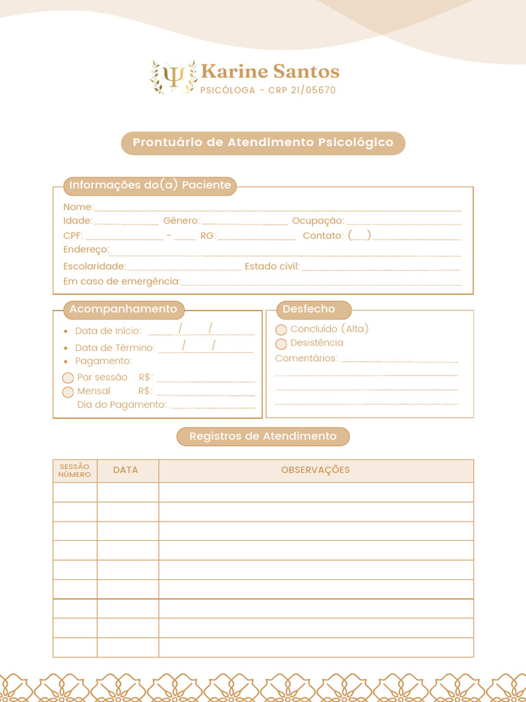Ficha Acompanhamento Psicológico Prontuário Minimalista Marrom e Branco ...