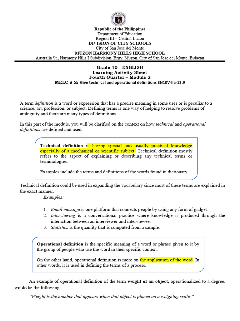 LAS 2 English 10 Q4 Module | PDF | Definition | Weight