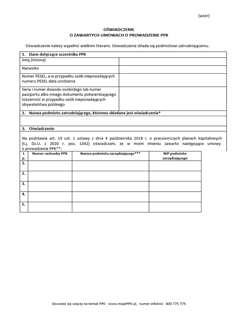 Wzór 3 - O Wiadczenie o Zawartych Umowach o Prowadzenie PPK | PDF