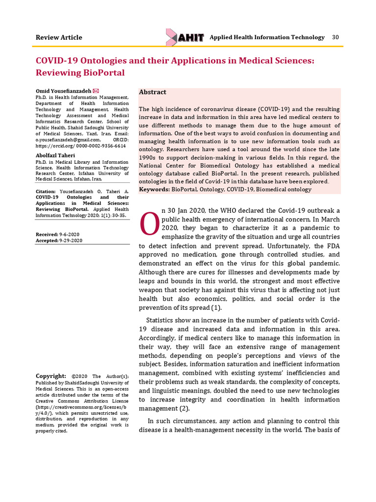 Covid 19 Ontologies And Their Applications In Medical Sciences