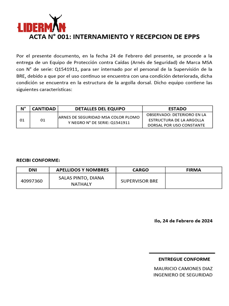Acta de Internamiento de EPP | PDF