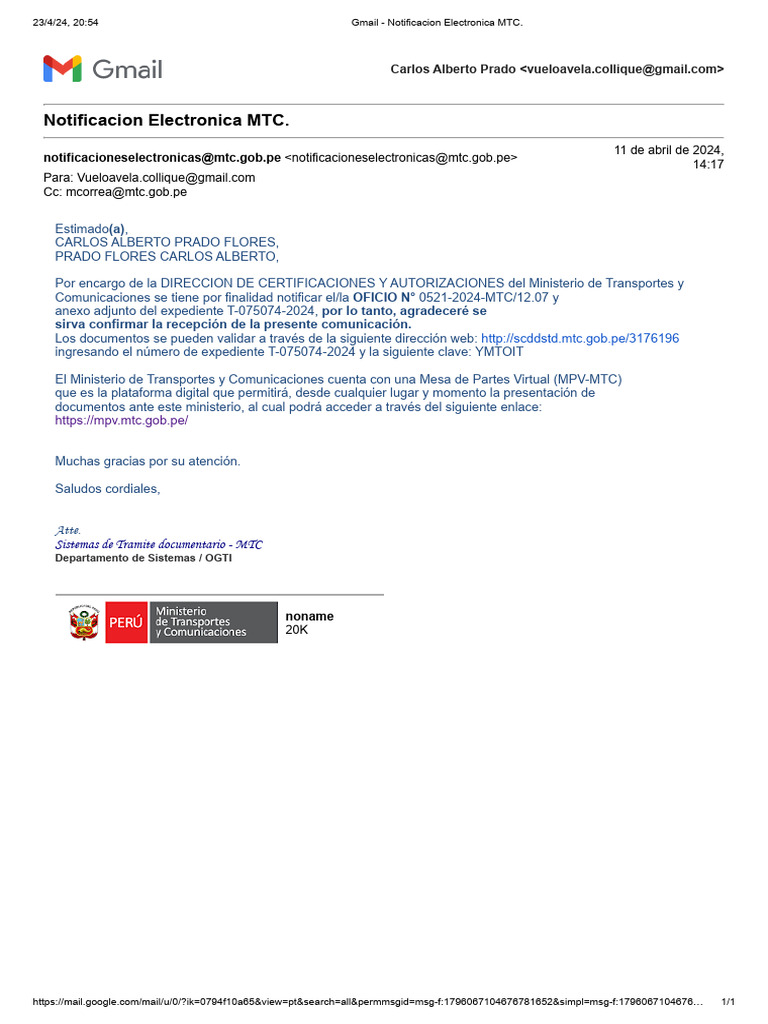 Gmail 11 ABR 2024 14:17 HRS., Resolución Directoral #0261-2024-MTC/12 10 ABR 2024. Permiso ...