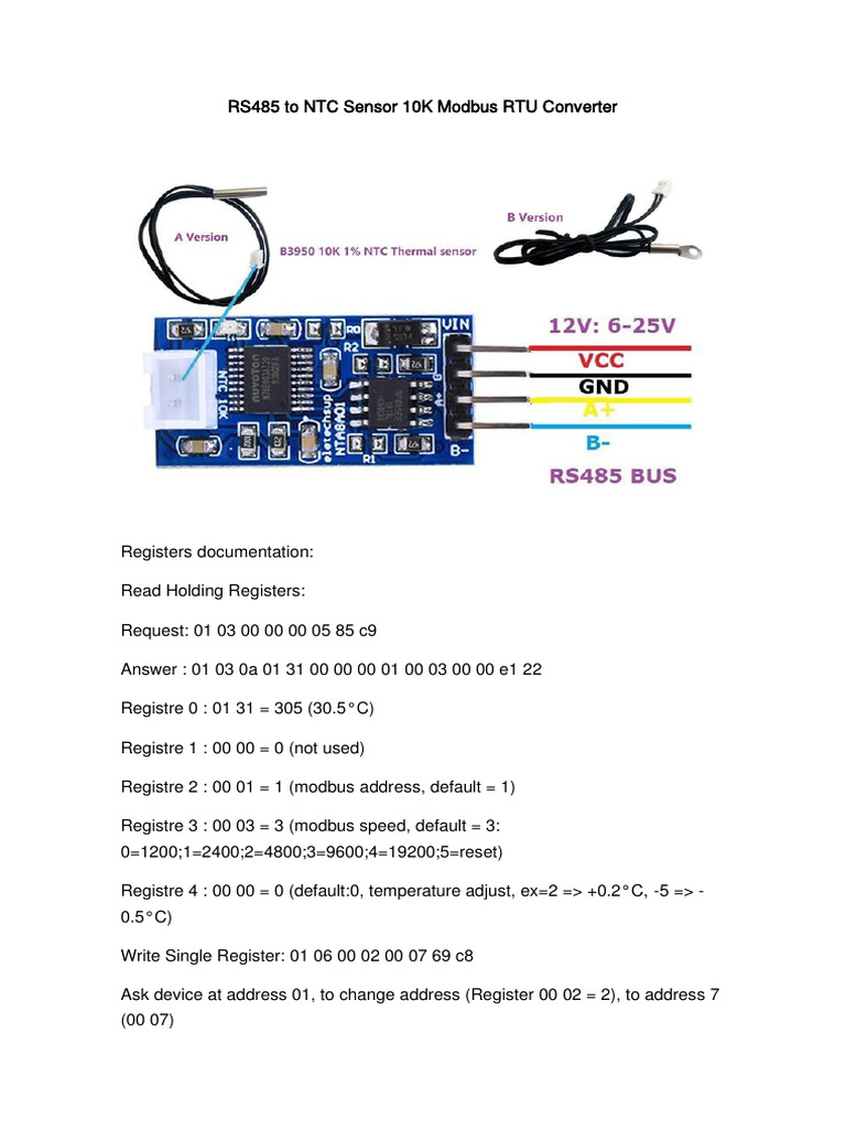 Registros Conversor RS485 para Sensor NTC 10K Modbus RTU | PDF