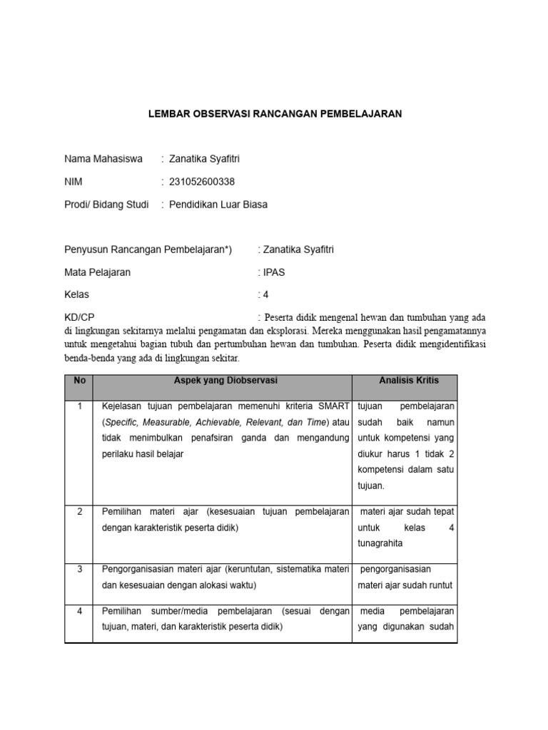Lembar Observasi Rancangan Pembelajaran PB | PDF
