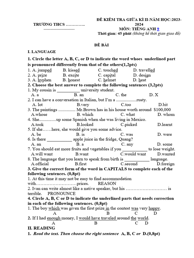 De Thi GHK 2 Tieng Anh 9 de 1 | PDF