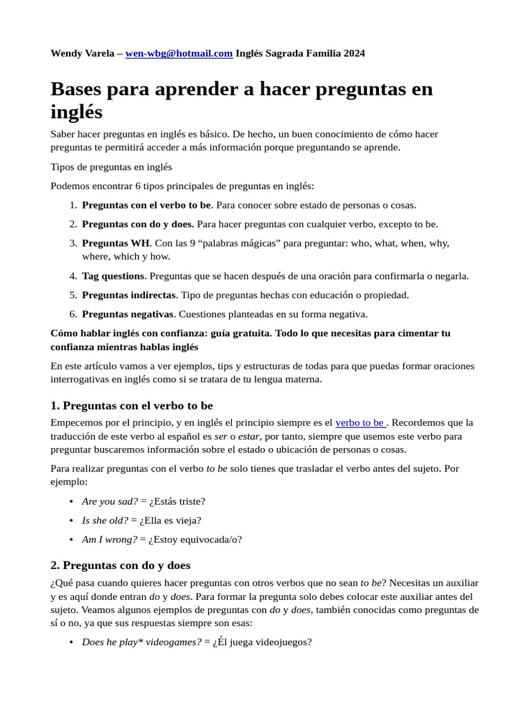 Bases para Hacer Preguntas en Inglés | PDF | Verbo | Oración (Lingüística)
