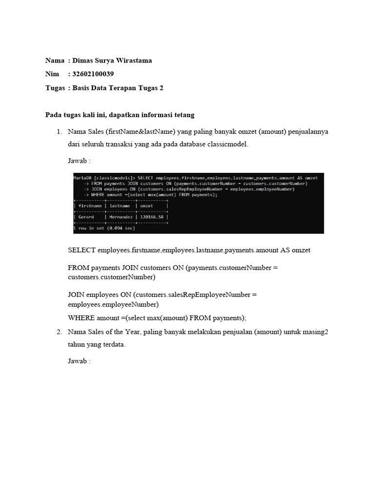 Tugas 2 Basis Data Terapan - Dimas Surya Wirastama - 32602100039 | PDF