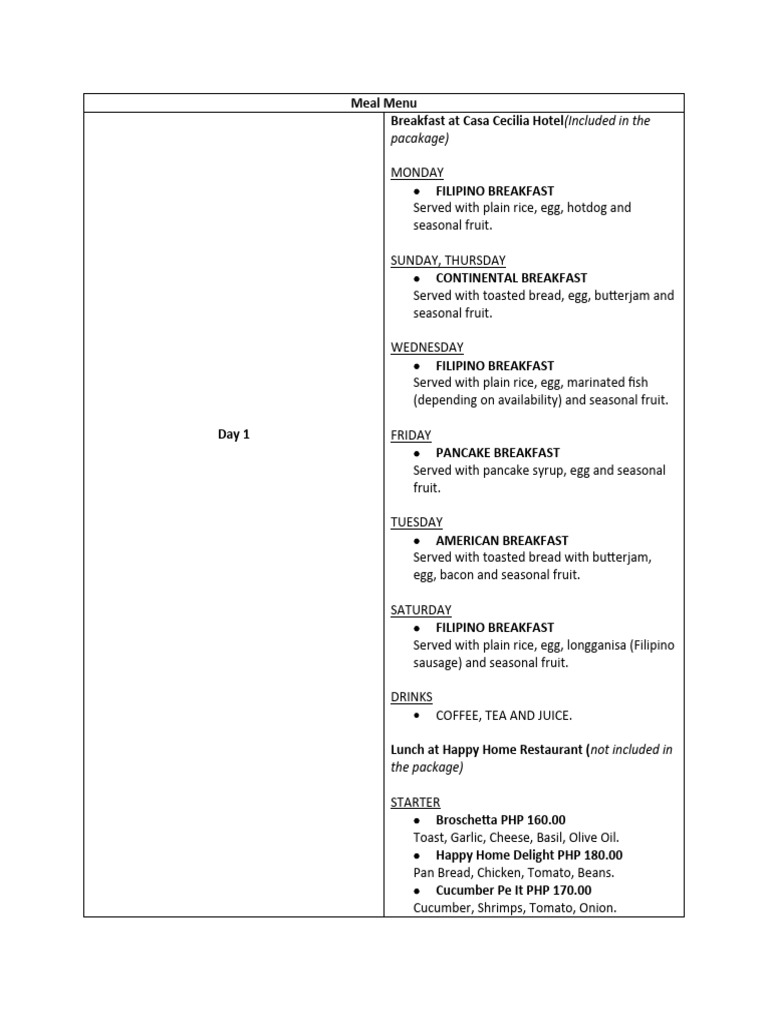 Day 1 Meal Menu | Download Free PDF | Pancake | Cooking