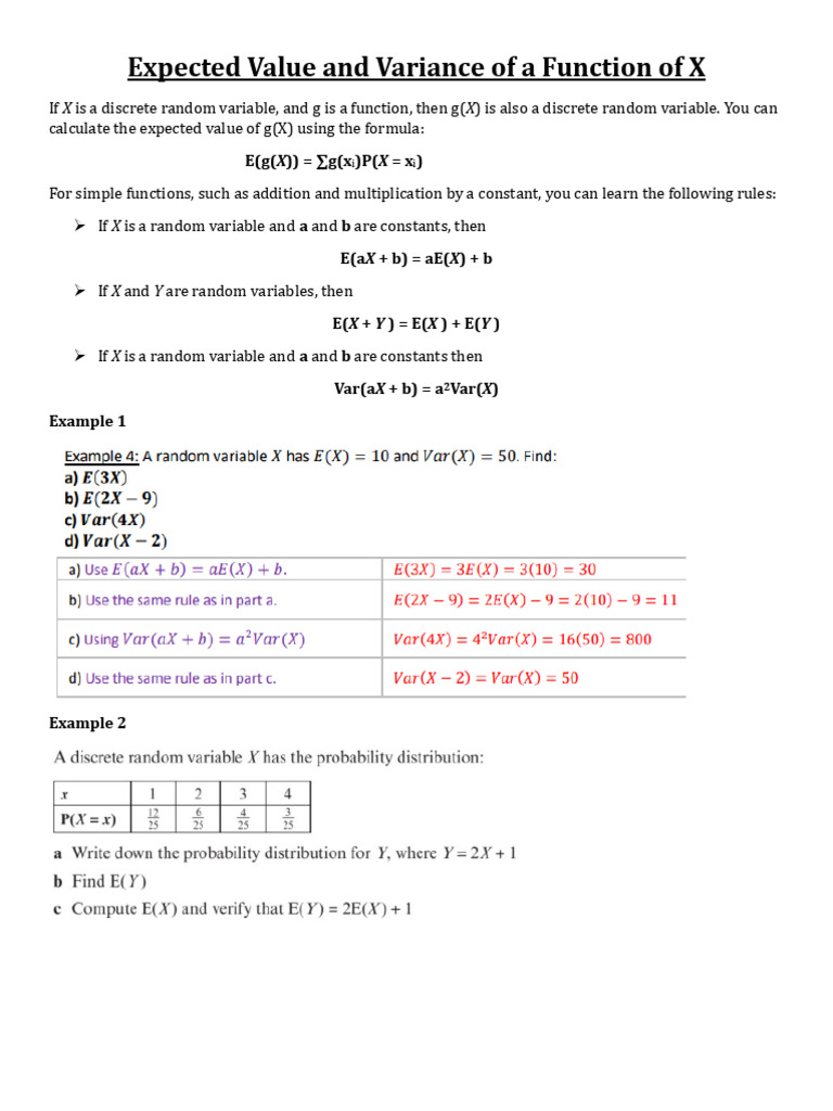 Expected Value and Variance of A Function of X | PDF