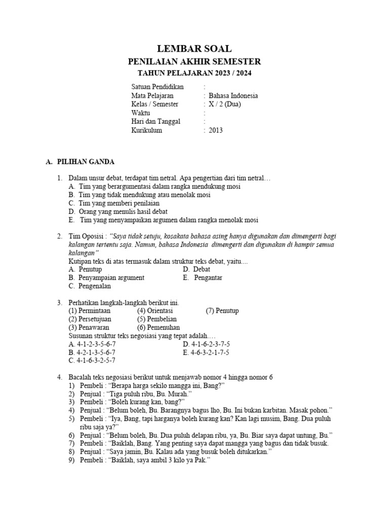 Soal PTS B.indonesia Kelas X | PDF