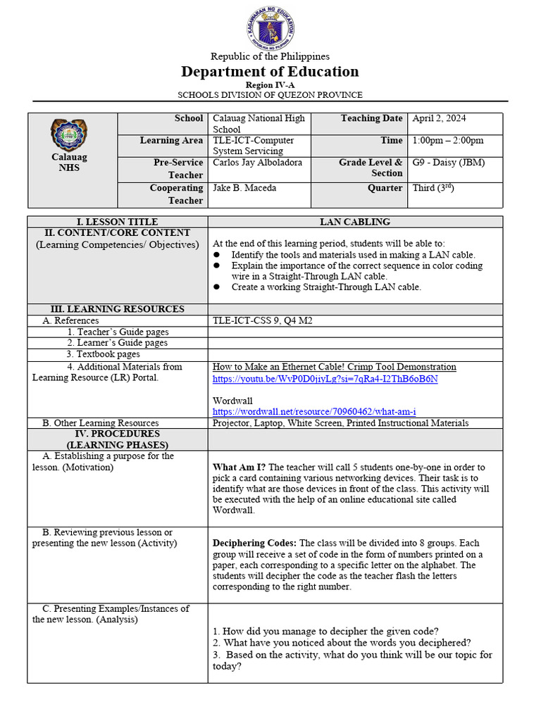 TLE-ICT 9 LAN Cabling LP | Download Free PDF | Manufactured Goods