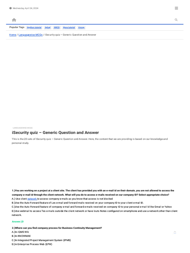 ISecurity Quiz - Generic Question and Answer - Technicalblog - in | PDF | Computer File ...