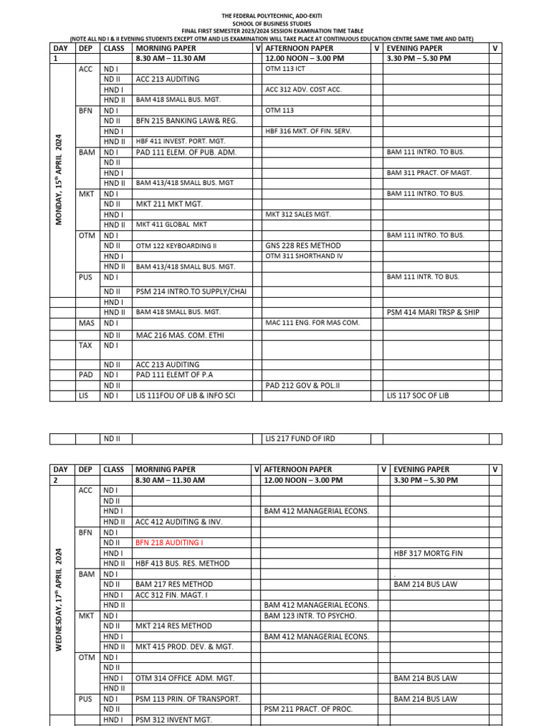 33-Sbs Edited Tentative First Semester 2023 2024 Academic Session Exam ...