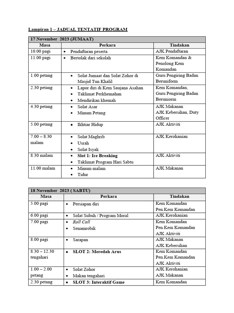 Jadual Tentatif Program Perkhemahan Uniform 2023 | PDF