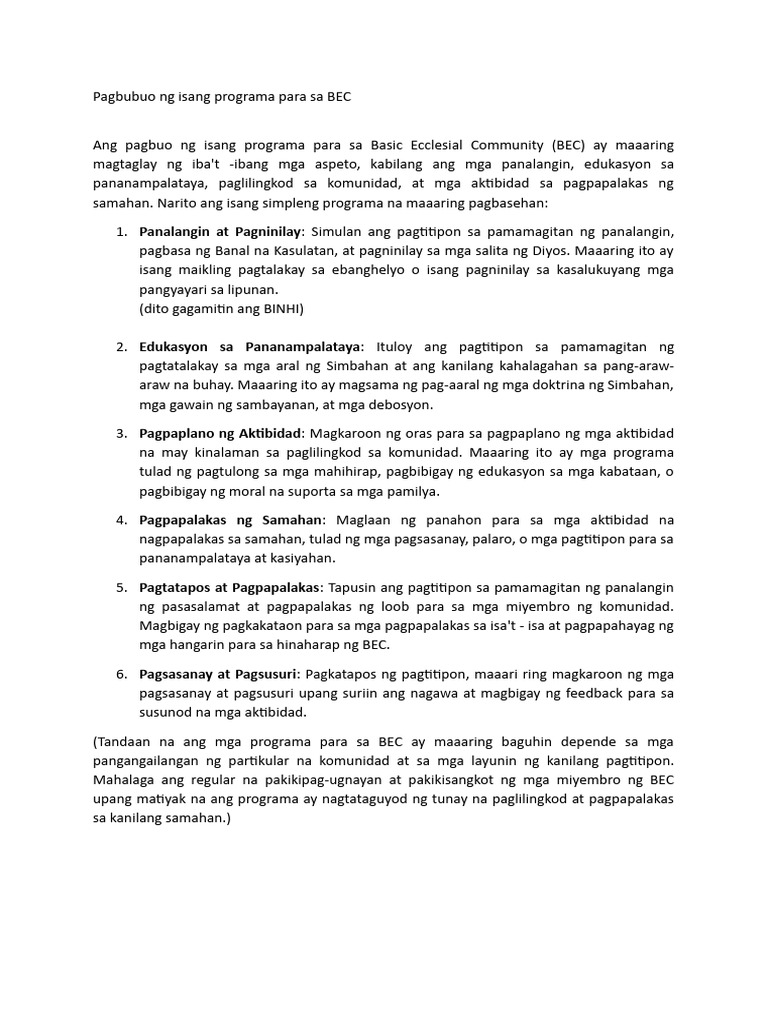 Pagbubuo NG Isang Programa para Sa BEC | PDF
