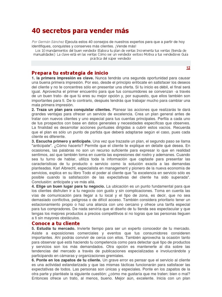 40 Secretos Para Vender Más Pdf Cliente Servicio Al Cliente