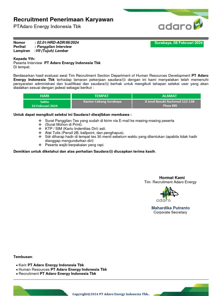 Surat Interview PT Adaro Energy Tbk | PDF