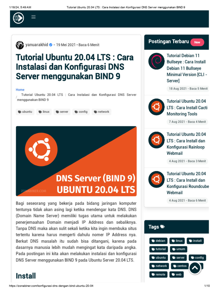 Tutorial Ubuntu 20.04 LTS _ Cara Instalasi dan Konfigurasi DNS Server menggunakan BIND 9 | PDF