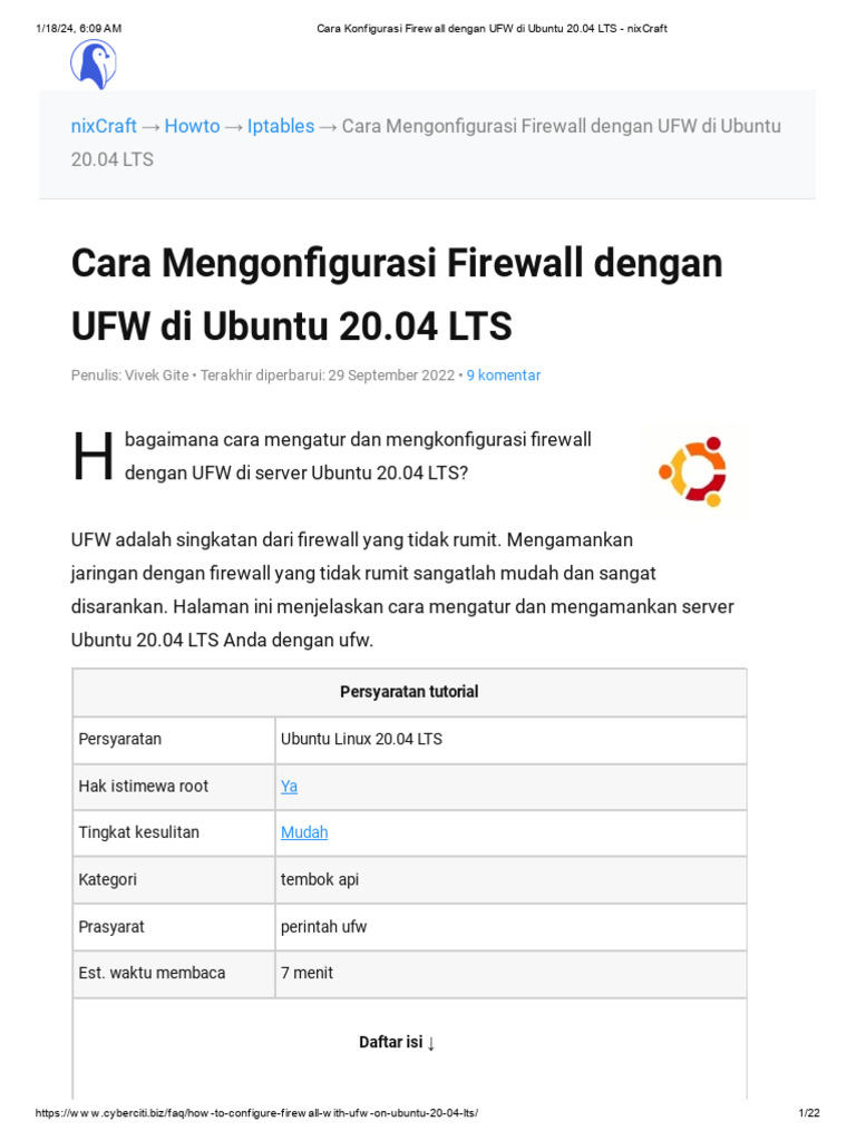 Cara Konfigurasi Firewall Dengan UFW Di Ubuntu 20.04 LTS - NixCraft | PDF