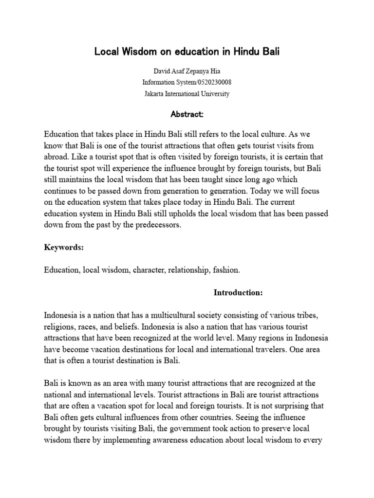 David - Local Wisdom On Education in Hindu Bali | PDF