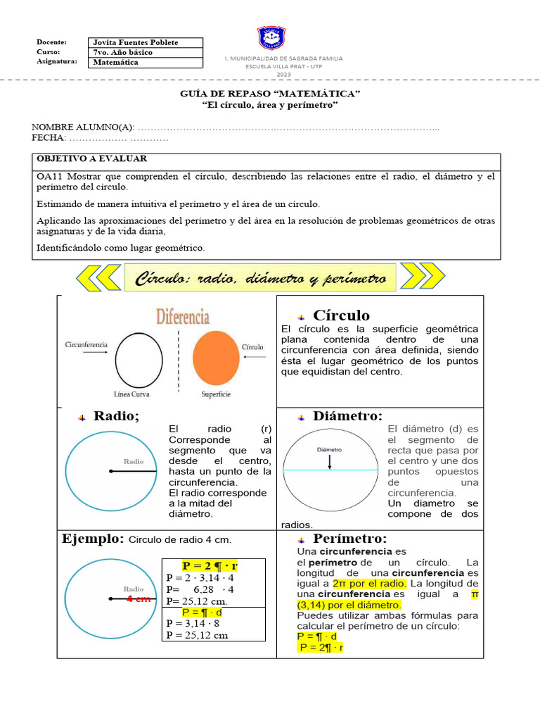 GUÍA MATEMÁTICA circulo | PDF | Geometría | Diámetro