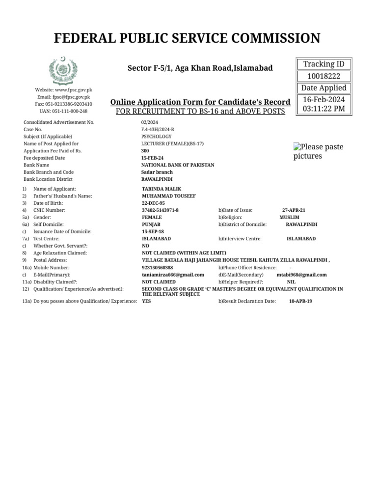 Application FPSC Form Tabinda | PDF | Islamabad | World Politics Application FPSC Form Tabinda | PDF | Islamabad | World Politics
