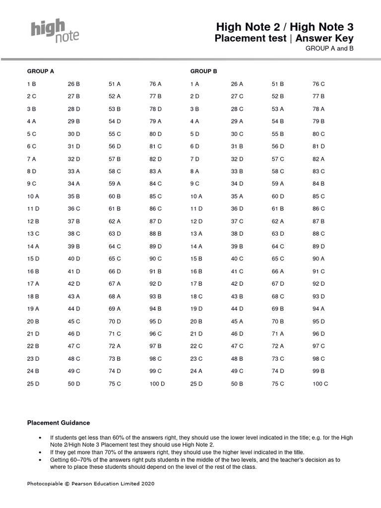 HighNote2 HighNote3 Placement Test GroupA B ANSWERS | PDF