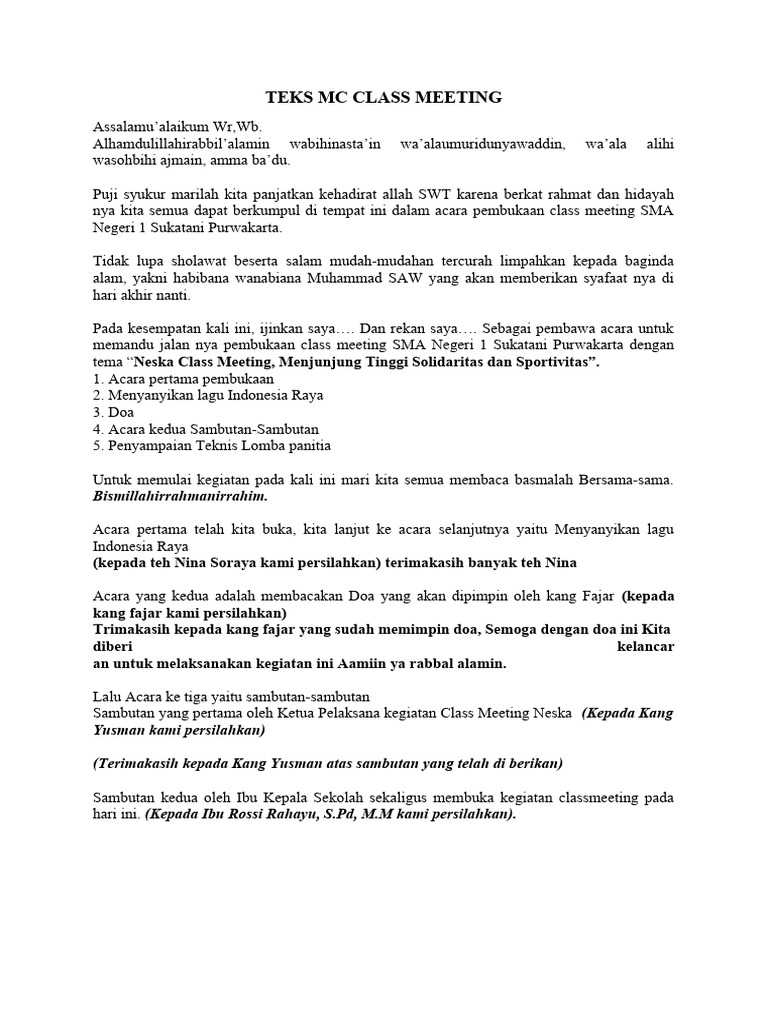 Teks MC Pembukaan Class Meeting | PDF | Kajian Bahasa Asing | Agama ...