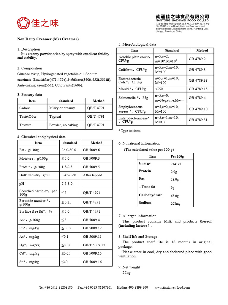 Non-Dairy Creamer Composition and Data | PDF | Colony Forming Unit