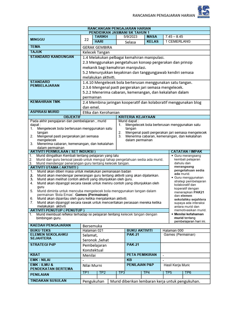 RPH Minggu 22 Pendidikan Jasmani THN 1 2023 by Cikgu Gorgeous | PDF