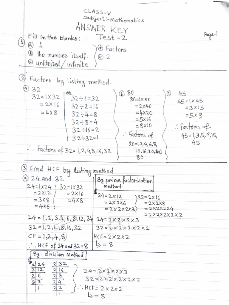 Class-V - Sub-MATHS. Test-2 ANSWERS KEY | PDF