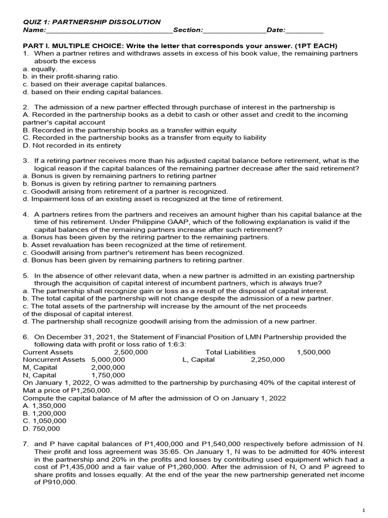 Midterm Quiz 2 Partnership Dissolution Without Answer Key | PDF | Partnership | Balance Sheet