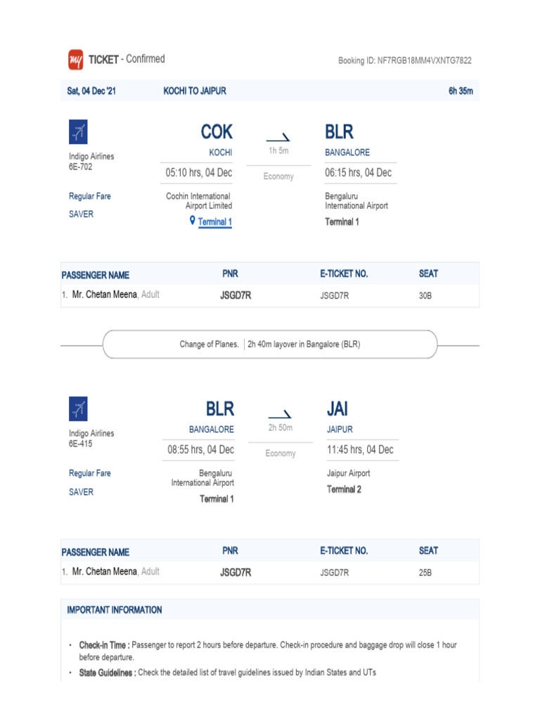 Kochi to Jaipur Flight Confirmation | PDF | Airport | Identity Document