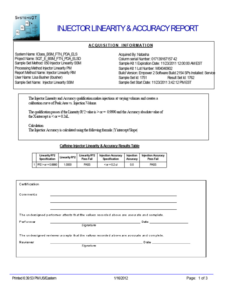 Injector Linearity & Accuracy Report | PDF