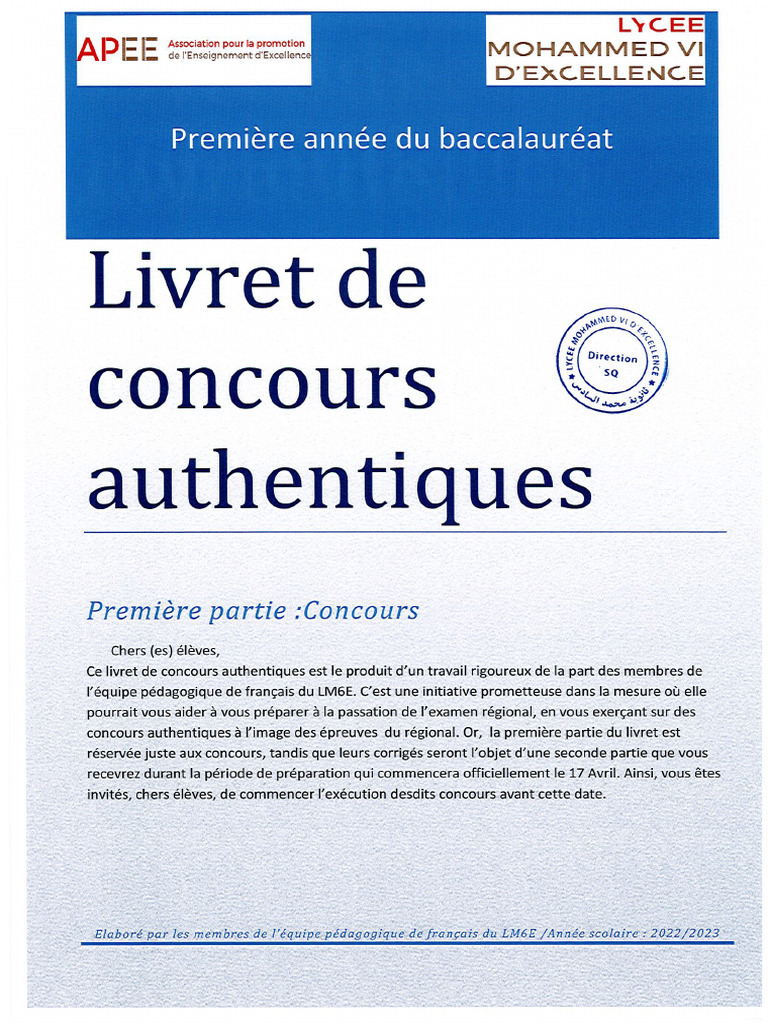 Livret de Concours Authentiques FR 1BAC 2022-2023 | PDF
