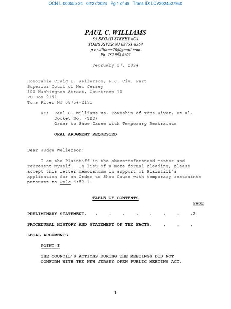 2-27-24 Brief in Support of Order To Show Cause - Williams Vs Township ...