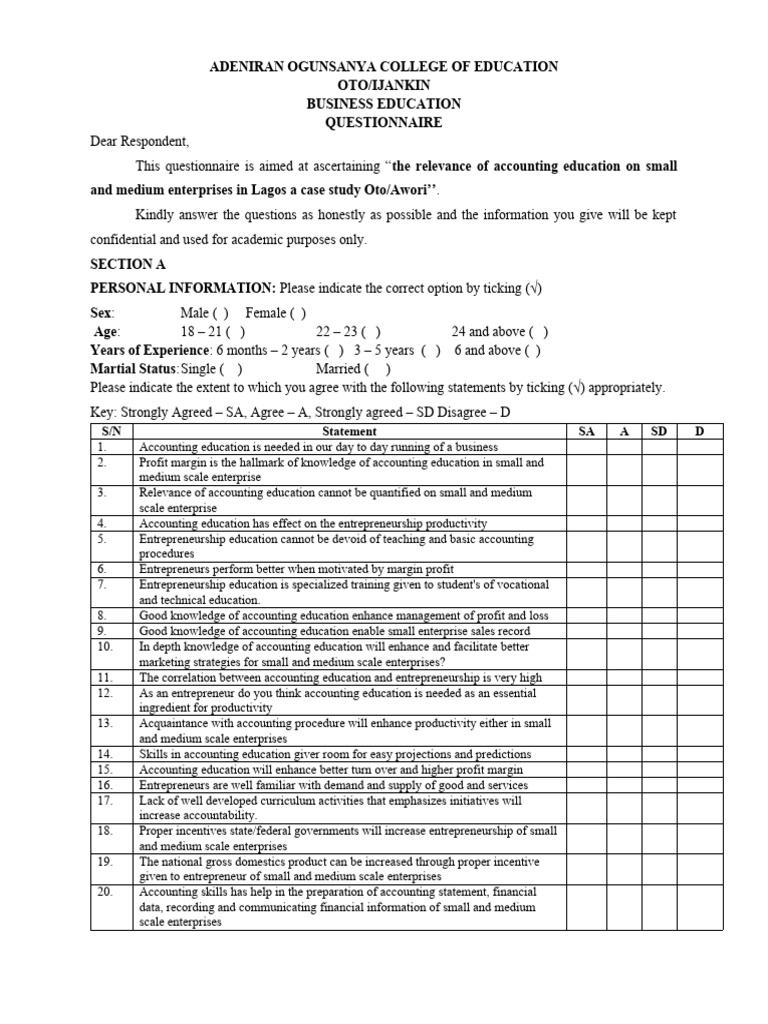 Questionnaire Accounting | PDF | Entrepreneurship | Accounting