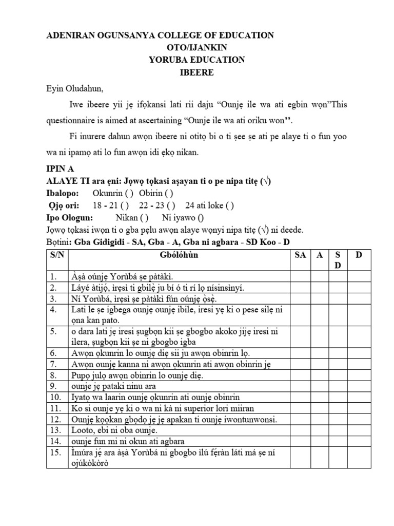 Questionnaire Yrouba | PDF