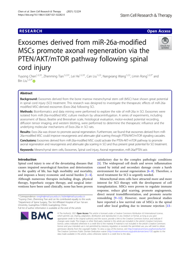 Exosomes Derived From Mir-26A-Modified Mscs Promote Axonal Regeneration Via The Pten/Akt/Mtor ...